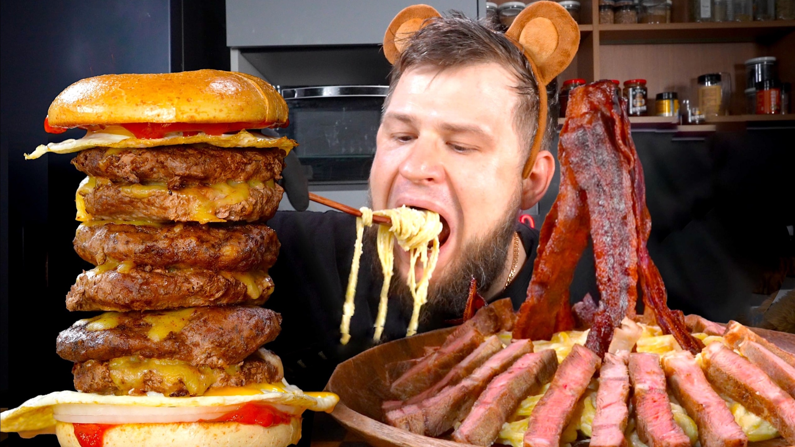 【SERGEY谢尔盖】“篝火”奶油意面！配上六层巨巨巨巨无霸汉堡！烹饪过程＆咀嚼音助眠-SERGEY谢尔盖-SERGEY谢尔盖-哔哩哔哩视频