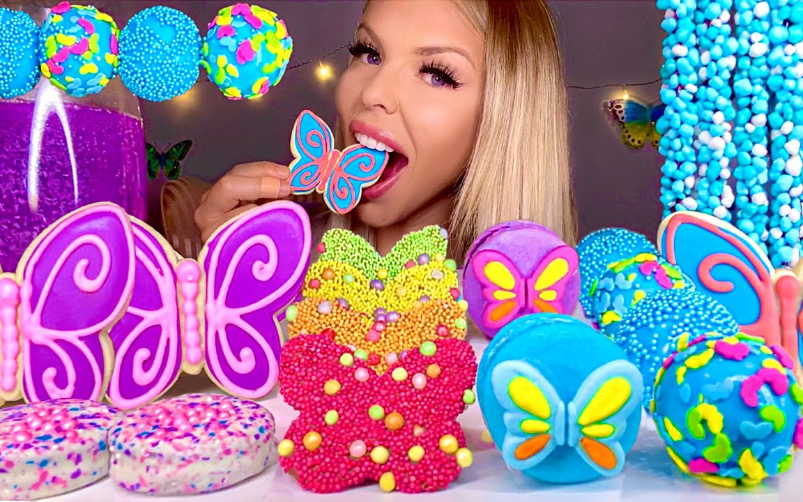 【HunniBee吃播】蝴蝶食品#（马卡龙，蝴蝶糖饼干，蝴蝶豌豆花茶等！）咀嚼音_哔哩哔哩_bilibili