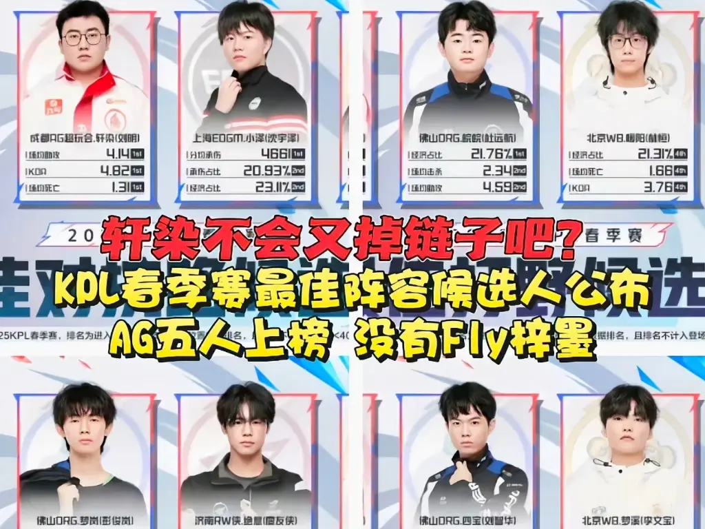 轩染不会又掉链子吧？KPL春季赛最佳阵容候选人公布：AG五人上榜，没有Fly大将军#2025KPL春季赛