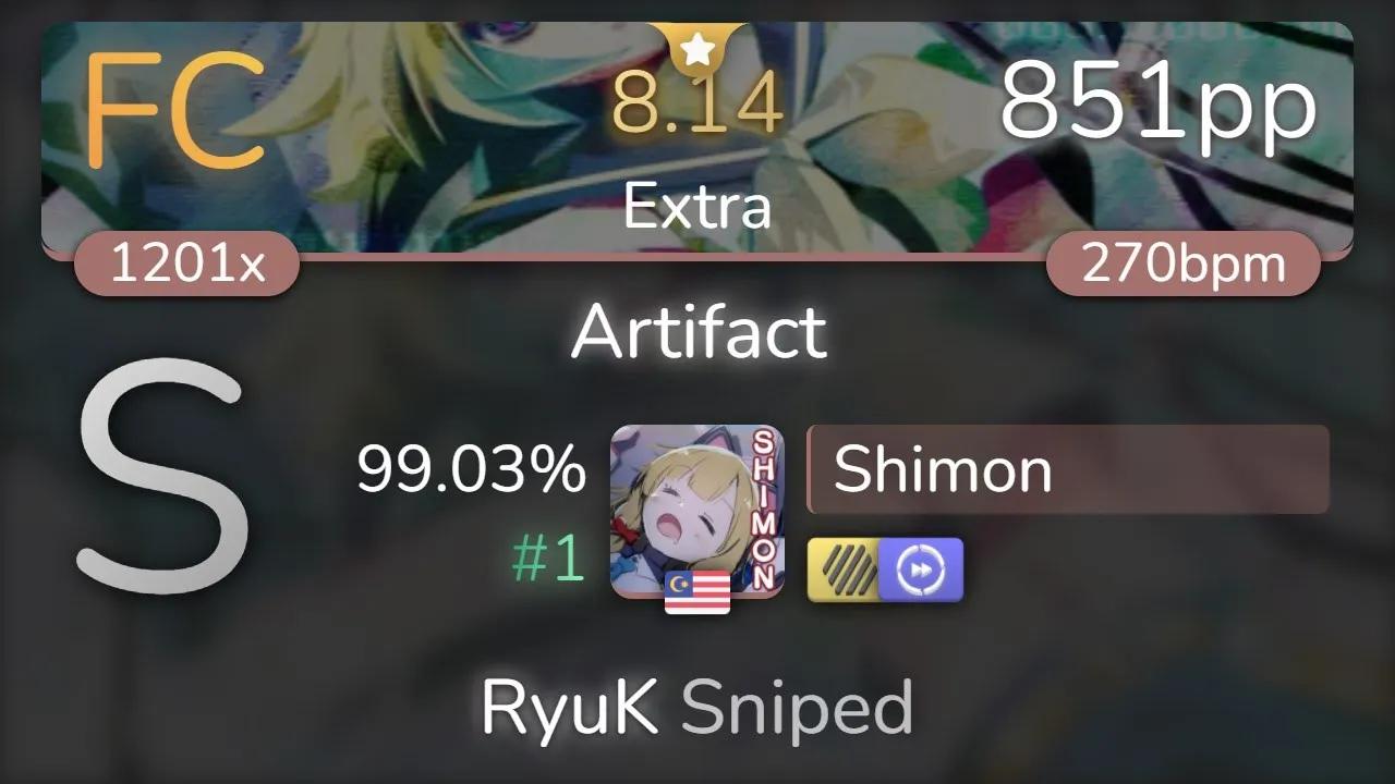 Shimon | Rohi - Artifact [Extra] +HDDT 99.03% {#1 851pp FC} - osu!_音游热门视频