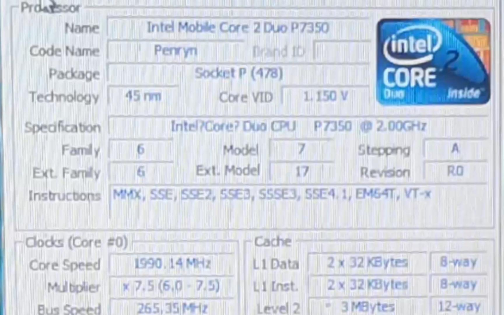 ！少见的U~INTEL Core 2 Duo P7350处理器默频状态下性能参数和CPU-Z测试得分。感谢粉丝“SpinalTapas”提供 ...